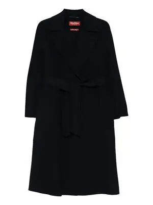 Max Mara Wool Long Coat With Tie Belt - Blue