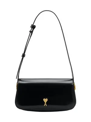 AMI Paris Leather Shoulder Bag With Heart Stud Detail - Black