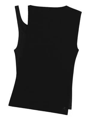COURREGES 90's Cotton Asymmetrical Neckline Rib Knit Top - Black