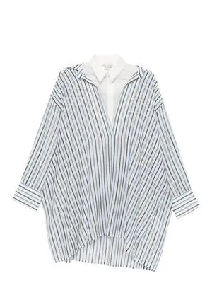 SEMICOUTURE Graciana Striped Cotton Shirt With V-neck And Asymmetric Hem - Blue