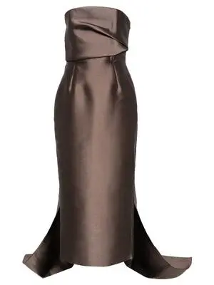 Solace London Kiki Strapless Midi Dress With Slit And Drape Detail - Brown