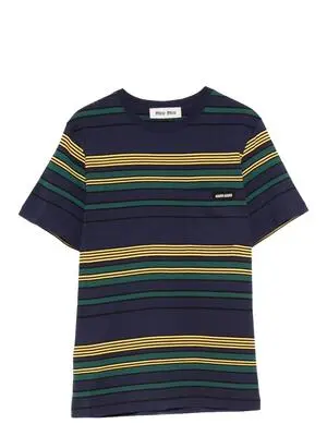 Miu Miu Striped Cotton T-shirt With Pocket - Blue