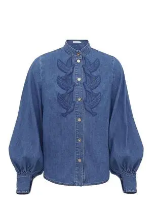 Zimmermann Denim Cotton Shirt With Mandarin Collar And Embroidered Detailing - Blue