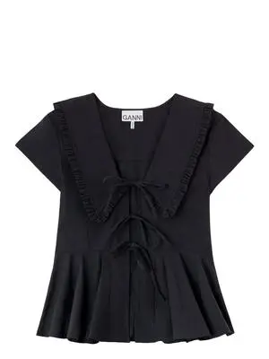GANNI Organic Cotton Ruffled Collar Top - Black