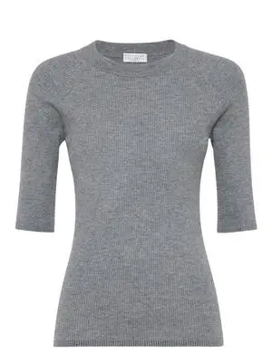 Brunello Cucinelli Cashmere Blend Ribbed Crewneck Sweater - Grey