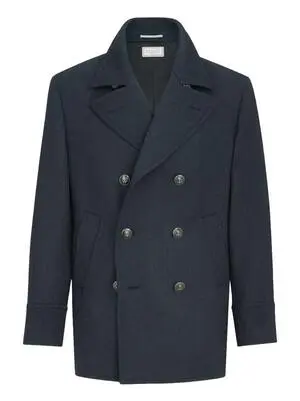 Brunello Cucinelli Wool Double Breasted Pea Coat - Blue