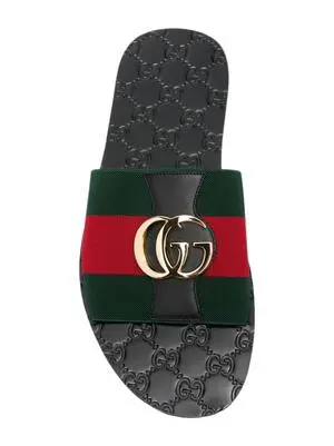Gucci Riviera Slide Sandals With Gold Tone Logo - Black