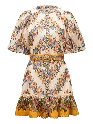 Farm Rio Short Floral Print Belted Dress With Ruffled Hem - Multi