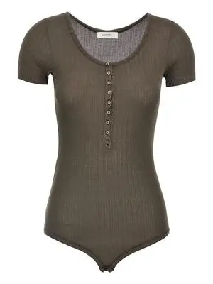 LEMAIRE LEMAIRE V-Neck Button-Up Ribbed Bodysuit Brown