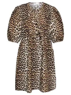 GANNI GANNI Organic Cotton Leopard Print Puff Sleeve Mini Dress Multi