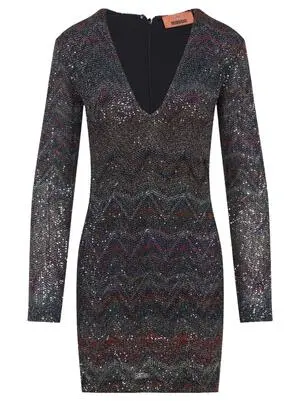 Missoni V-neck Sequin Chevron Long Sleeve Mini Dress - Multi