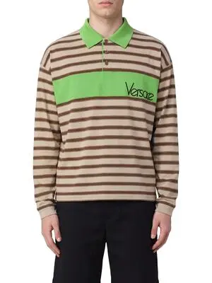 Versace Striped Long-sleeve Polo In Cotton With Ribbed Collar - Multicolor