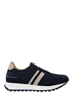 BILLIONAIRE Two-tone Suede And Mesh Low-top Trainers With Metallic Logo - Blue