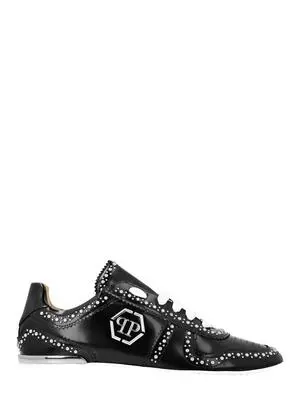 Philipp Plein Brushed Leather Low-top Sneakers With Embroidered Monogram - Black