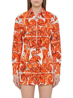 Dolce & Gabbana Cropped Cotton Shirt With Maioliche Print And Front Tie - Multicolor