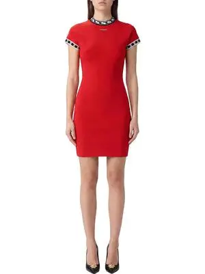 Versace Slim Fit Sheath Mini Dress In Cotton With Contrast Trims - Red