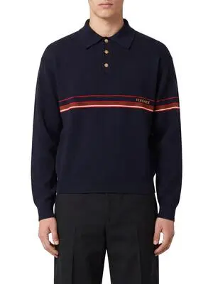 Versace Long-sleeved Knitted Cotton Polo Shirt With Contrast Logo - Blue