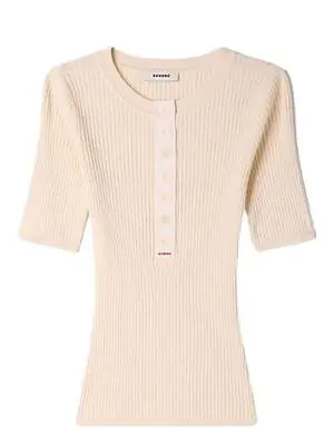 Sandro Ribbed Jumper With Button Placket - Ecru