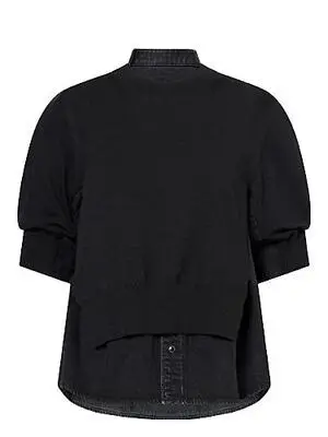 Sacai Short-sleeve Layered Cotton-knit And Denim Top - Black