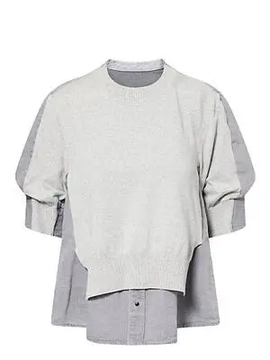 Sacai Short-sleeve Layered Cotton-knit And Denim Top - Gray