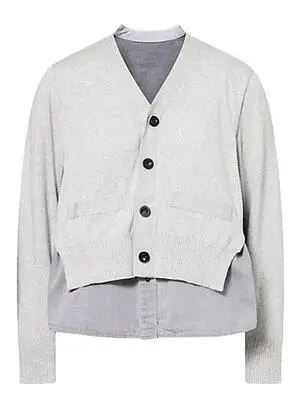 Sacai Contrast Panelled Denim And Cotton-knit Cardigan - Gray