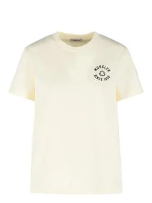Moncler Ribbed Crewneck Short Sleeve T-shirt With Embroidered Logo - Bianco