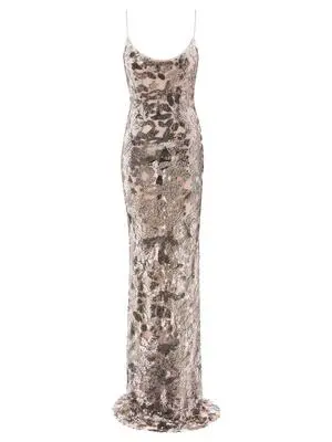 THE NEW ARRIVALS ILKYAZ OZEL Isis Beaded Tulle Maxi Dress - Silver