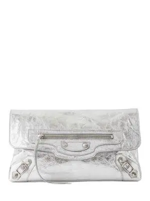 Balenciaga Le City Crinkled Leather Clutch - Silver