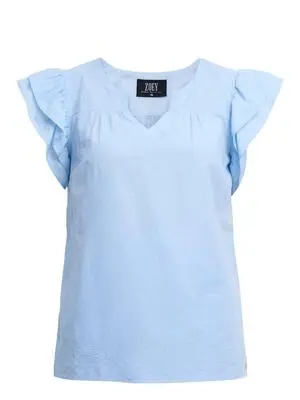 ZOEY Embroidered V-neck Top With Ruffle Sleeves - Blue