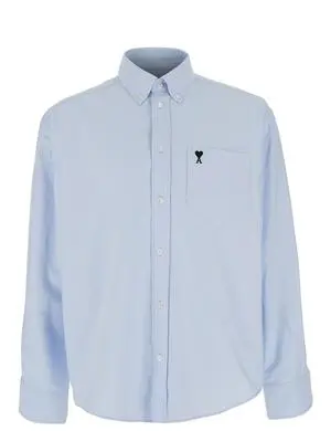 AMI Paris Light Blue Shirt With Button Down Collar And Adc Embroidery In Light Blue Cotton For - Multicolor