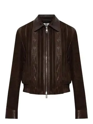 Versace Leather Bomber Jacket With Geometric Embossing - Brown