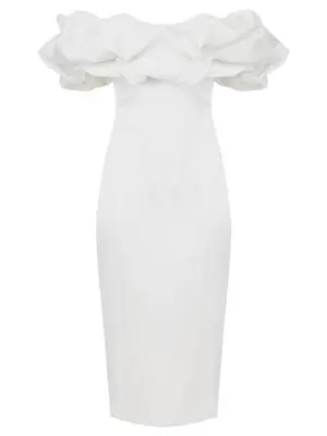 Elisabetta Franchi Off-shoulder Midi Dress With Back Slits - Ivory