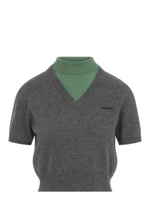 Miu Miu Short-sleeved Knitwear With Ribbed Details - Black