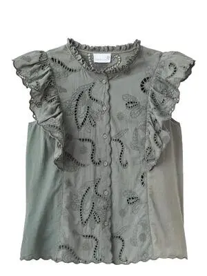 CARTOLINA Embroidered Eyelet Blouse With Flutter Sleeves - Moss