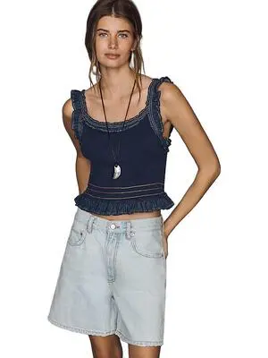 PILCRO Cropped Ruffled Tank Top - Chambray