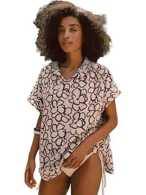 Anthropologie Hooded Cotton Tunic Top With Split Hem - Brown Pattern