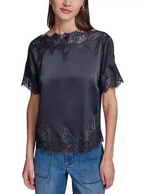 Karl Lagerfeld Paris Silky Lace Trim Top - Midnight