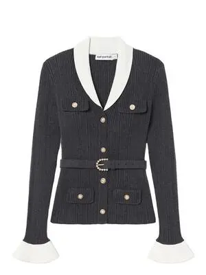 SELF-PORTRAIT SELF-PORTRAIT Ribbed Knit Cardigan With Contrast Collar And Belt Multicolor