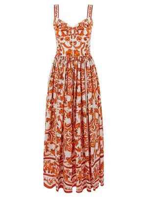 Dolce & Gabbana Cotton Maiolica Print Long Dress - Orange