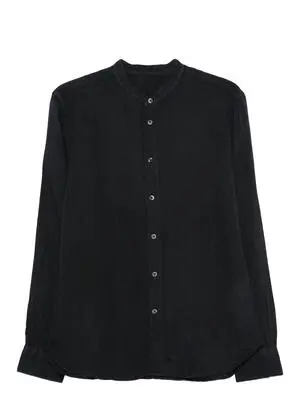 120% Lino Slim-fit 100% Linen Mandarin Collar Shirt - Blu