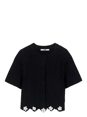 Maje Cropped Cardigan With Floral Embellishments - Black