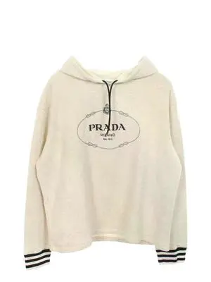 Prada Logo Embroidered Hoodie - Neutrals