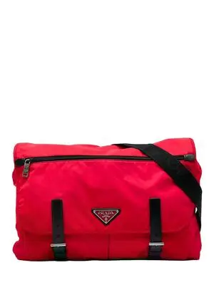 Prada Tessuto Zip Double Buckle Messenger Bag - Red