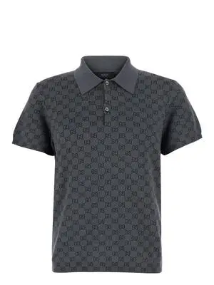 Gucci Gray Polo. Shirt With Classic Collar And All-over Gg Logo In Wool And Silk For - Multicolor