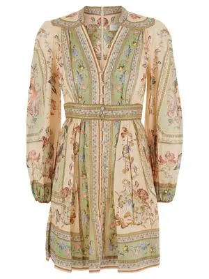 Zimmermann Roselight Dress With Balloon Sleeves And Floral Motif In Linen - Multicolor