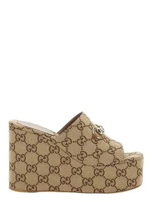Gucci Beige Gg Motif Cotton Blend Wedges With Horsebit Detail - Multicolor