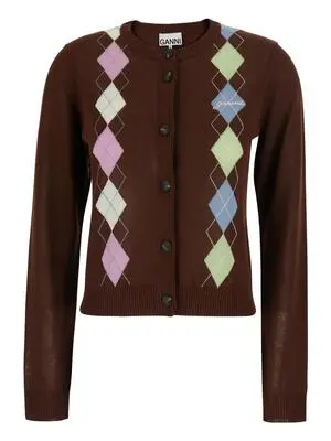 GANNI Cotton Argyle Motif Crew Neck Cardigan - Brown