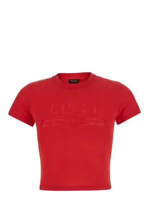 Gucci Cropped Cotton T-shirt With Embossed Logo - Multicolor