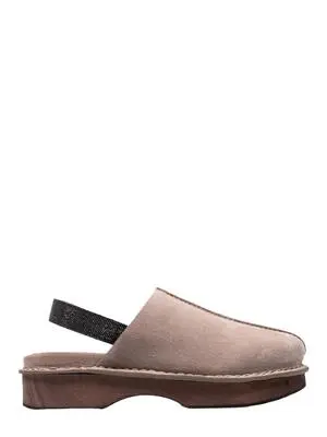 Brunello Cucinelli Suede Round Toe Embellished Clogs - Brown