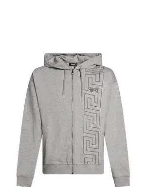 Versace Cotton Terry Zip-up Hoodie With Greca Print - Grey
